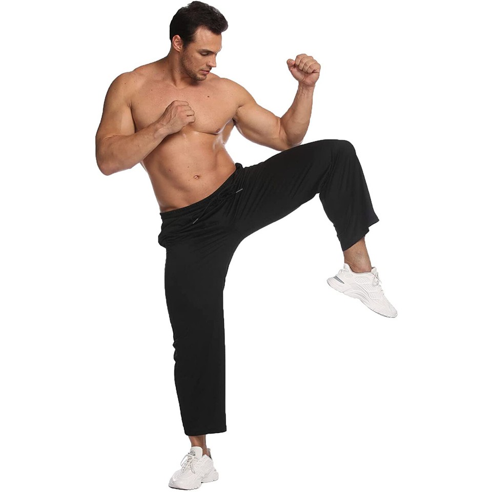 Men's Open Bottom Pants Sweatpants Joggers Gym Workout Fleece Line with ...
