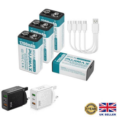 9v Battery USB Rechargeable Lithium 6f22 PP3 Block 9volt Li-ion MN1604 ...