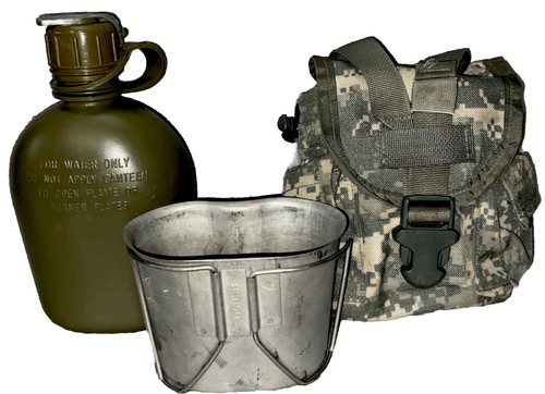 US Military 3 Pc 1 QUART CANTEEN SET w MOLLE ACU Cover & USGI Stainless ...