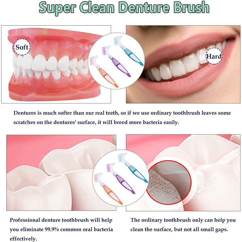 Denture Toothbrush False Teeth Cleaning Brush Ergonomic Handle Bristles ...