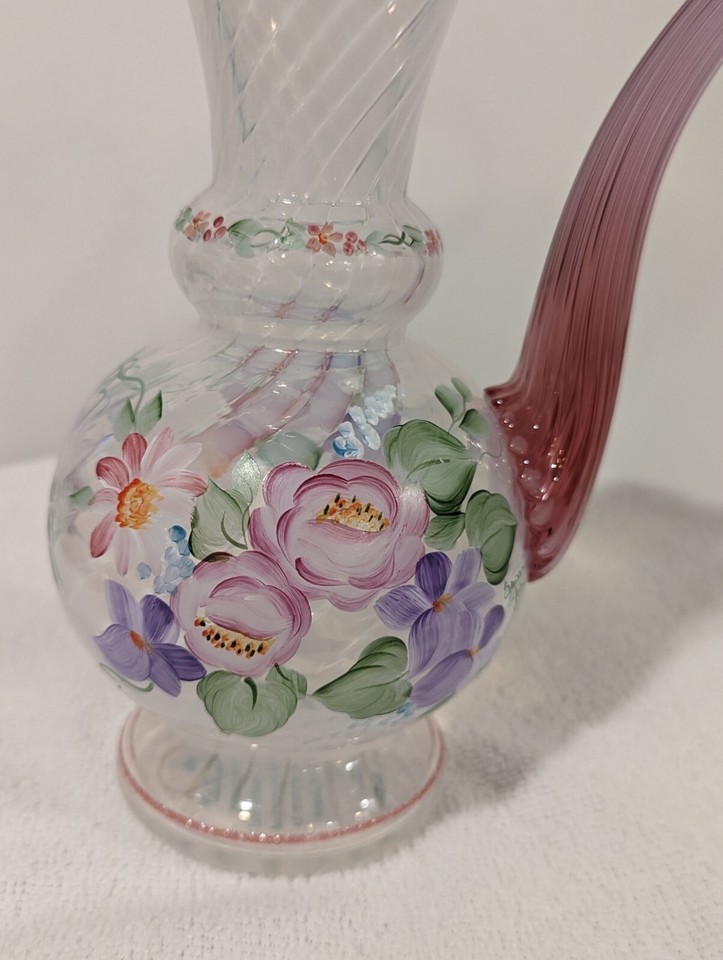 FENTON Glass Pitcher Vase Commemorative Opalescent Dusty Rose Crest ...