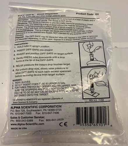 Lot of 100 DIFF-SAFE BLOOD DISPENSER - ALPHA SCIENTIFIC - 101 | eBay