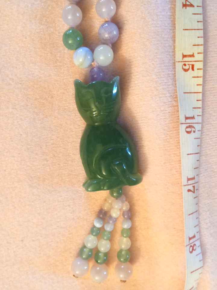 Jade Cat Necklace w Rose White Purple Quartz, Amethyst? Beads 32 In ...