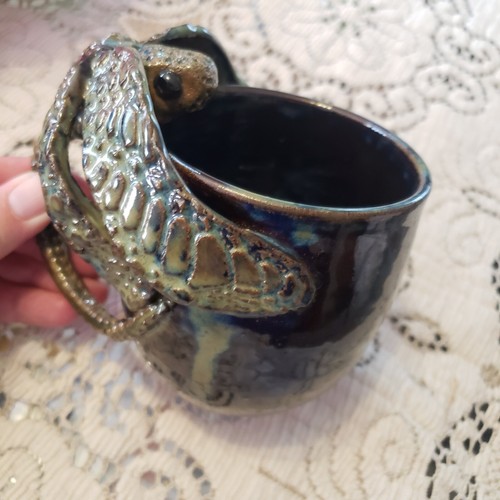 Handmade Pottery Dragonfly Handle Coffee Tea Mug Cup glazed Signed SNOW ...