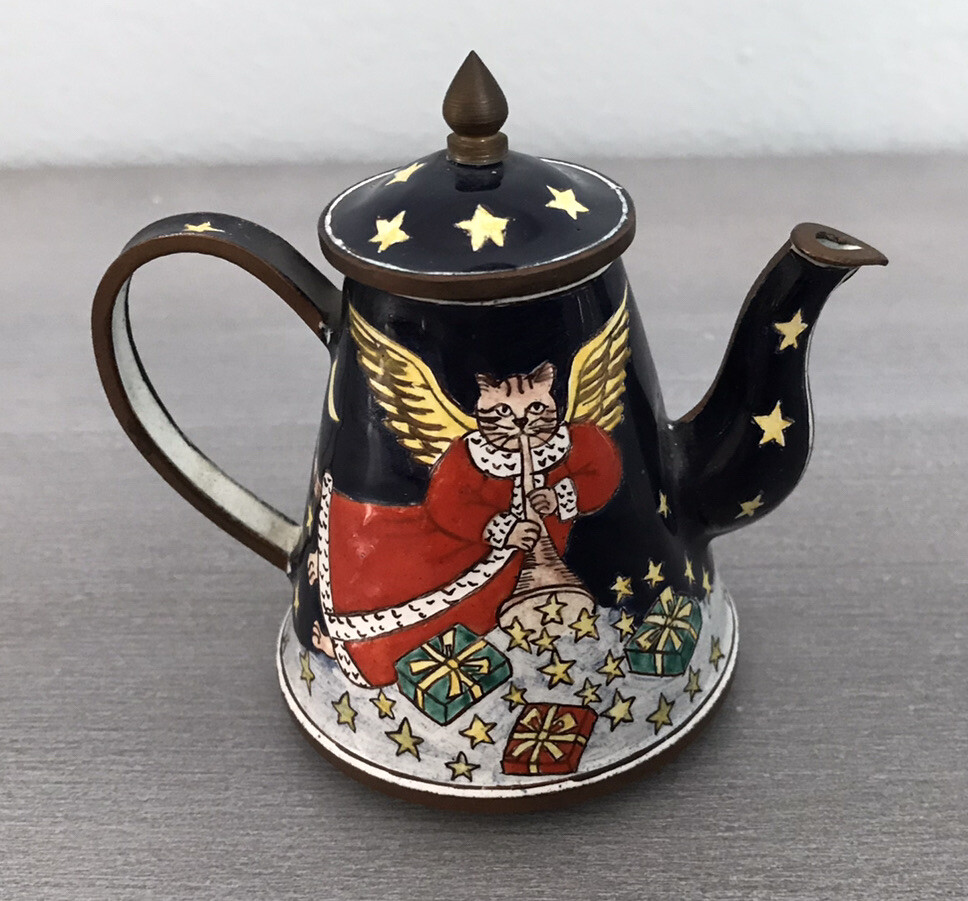 Vtg Hand Painted Enamel on Copper Miniature Teapot Cat Angel Flying ...