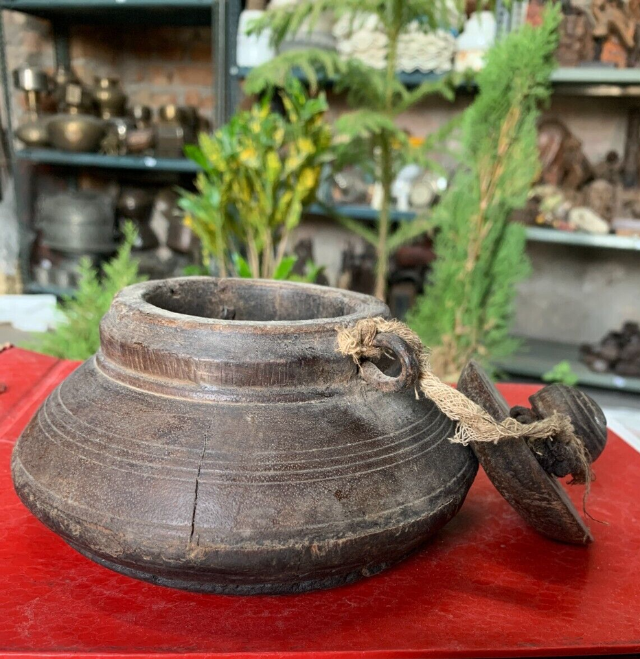 Antique Handcrafted Wooden Pot Indian Old Kitchenware Cooking Pot Handi ...