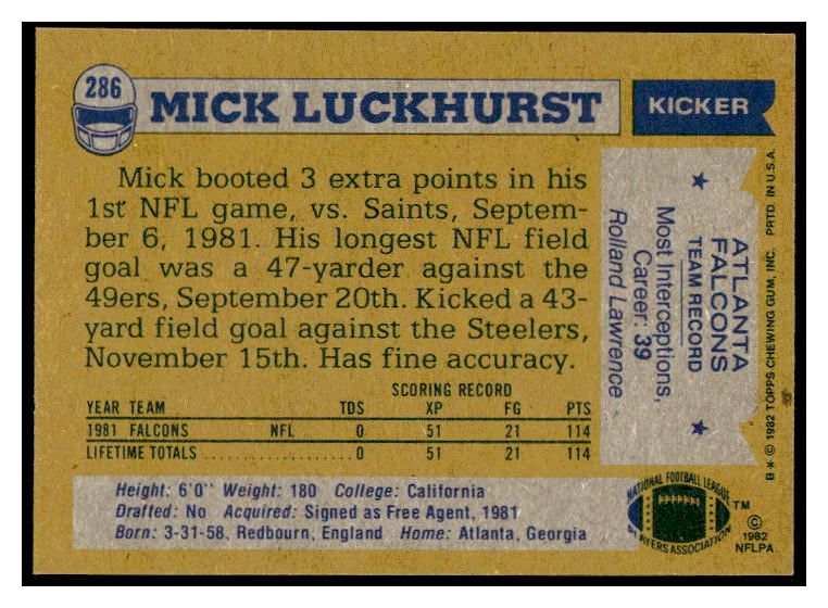 1982 Topps #286 Mick Luckhurst Atlanta Falcons Rookie Excellent | eBay