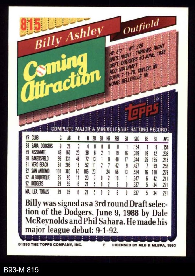 1993 Topps #815 Billy Ashley Dodgers 8 - NM/MT | eBay