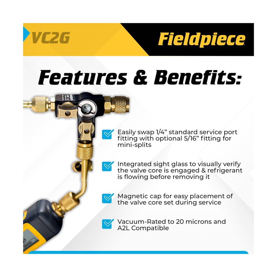 Fieldpiece - VC2G 1/4″ Valve Core Removal Tool Dual Valve with Sight ...
