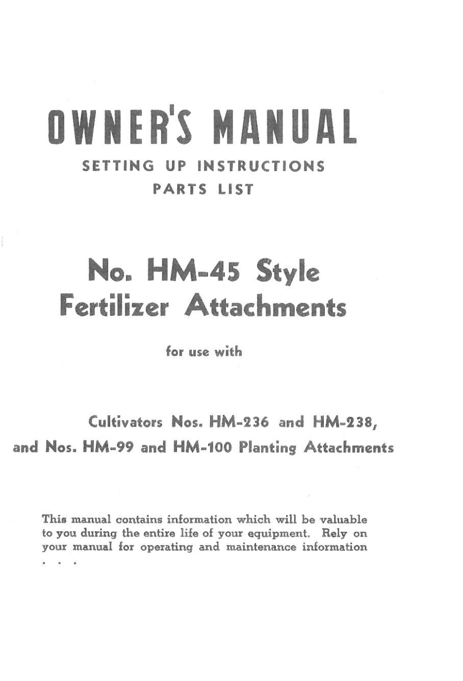 IH International Farmall HM-45 Style Fertilizer Attachments Owner's ...