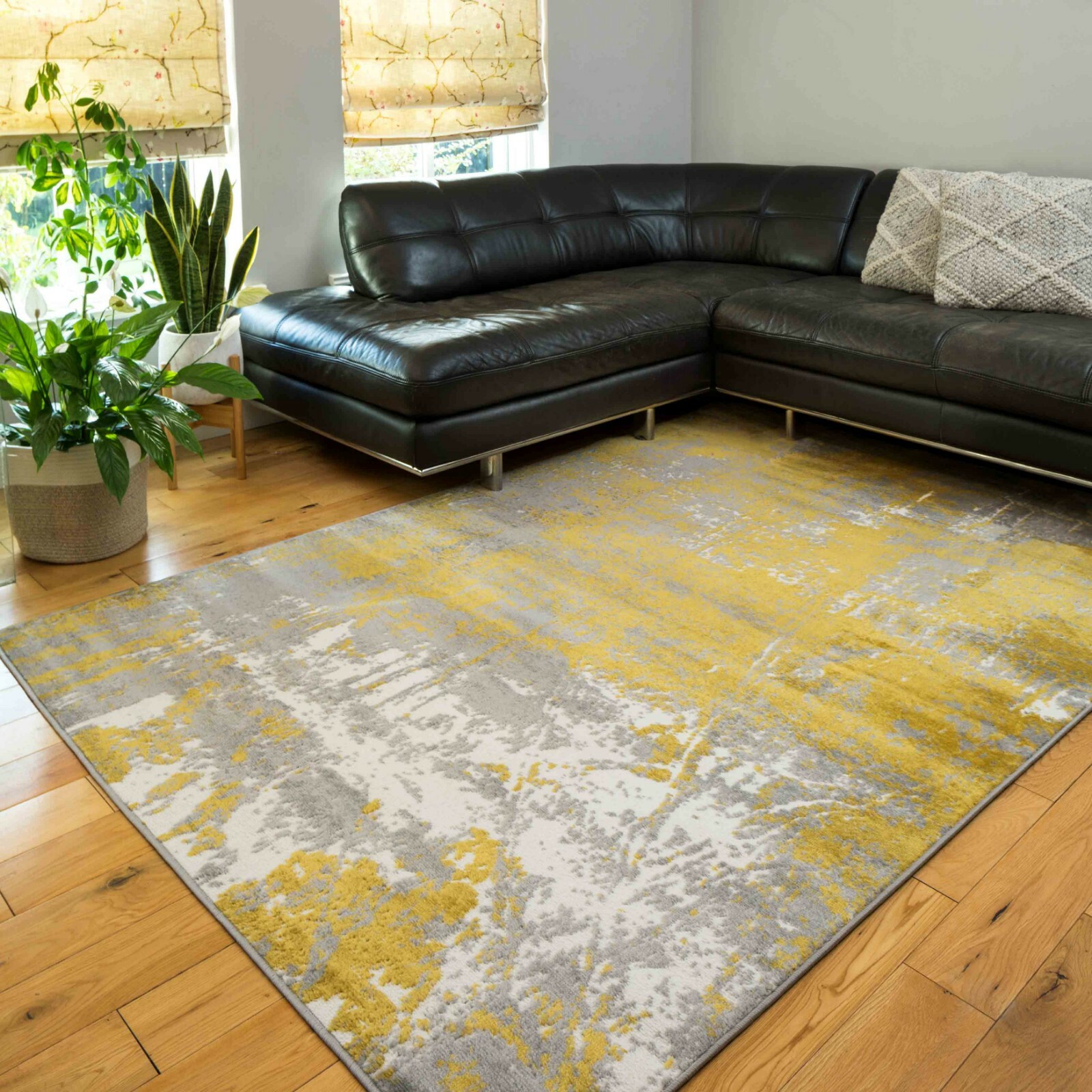 Yellow Mustard Rugs for Living Room Modern Geometric Ochre Grey Soft ...