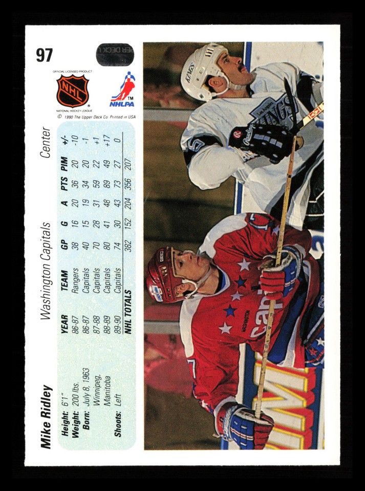 Mike Ridley 1990-91 Upper Deck Hockey NHL #97a Washington Capitals | eBay