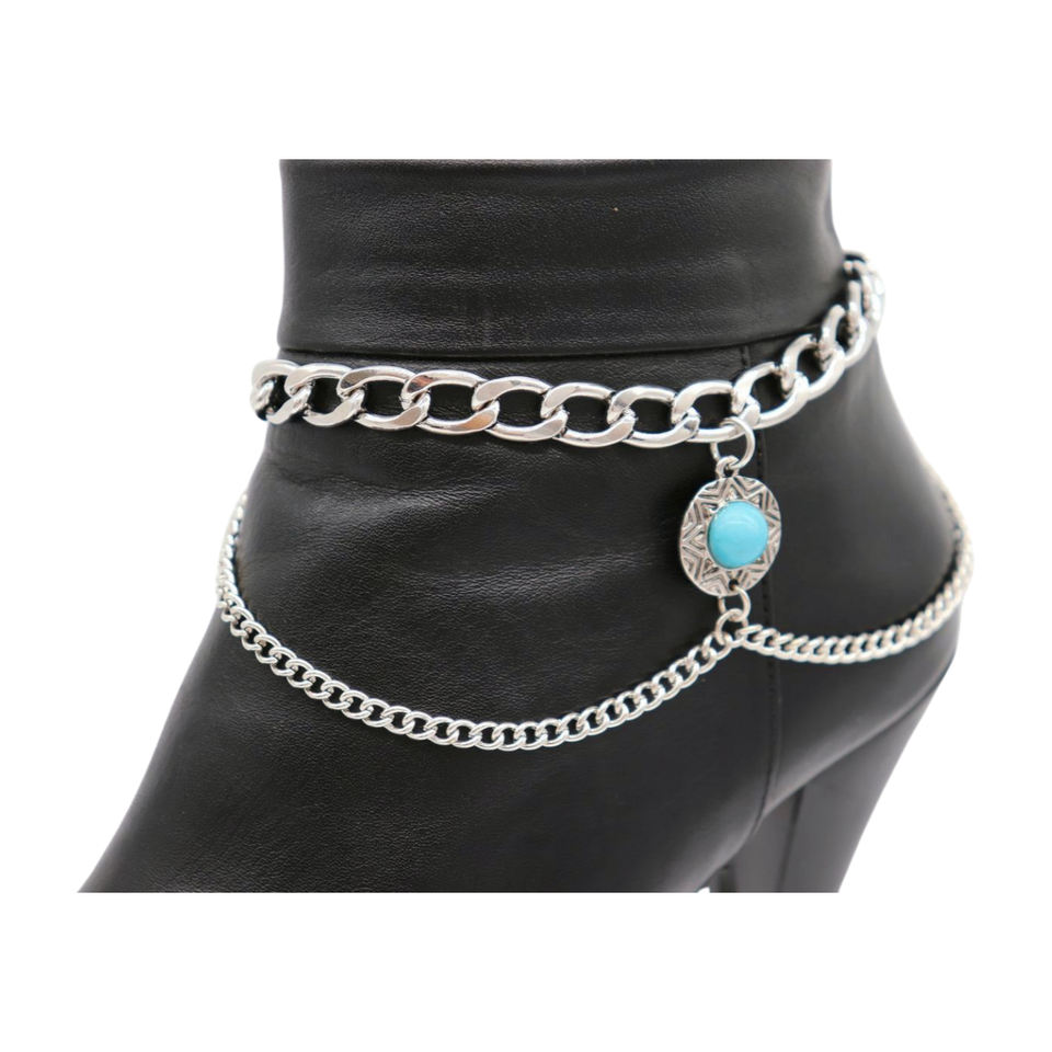 Women Silver Metal Boot Chain Bracelet Shoe Anklet Wave Turquoise Coin ...