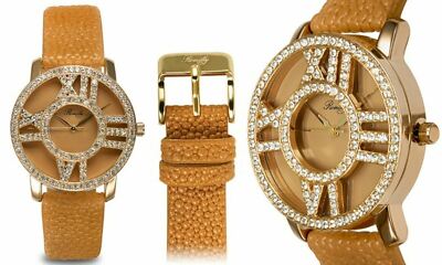 NEW Romilly 14015 Women's Sightseer Crystal Bezel Brown Yellow Gold ...