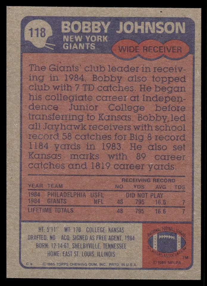 1985 Topps #118 Bobby Johnson New York Giants Football Card | eBay