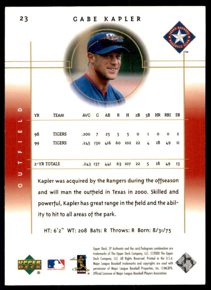 2000 SP AUTHENTIC - #23 GABE KAPLER TEXAS RANGERS | eBay