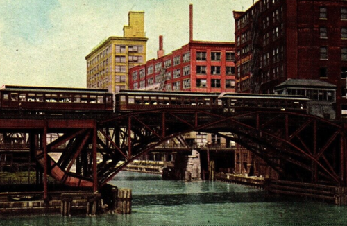 1910 ELEVATED RR JACKKNIFE BRIDGE CHICAGO RIVER IL TRAIN CROSSING ...