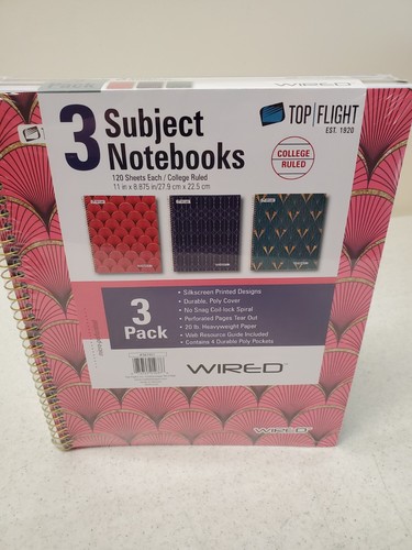 3 pk Top Flight Wired 3 Subject Notebook 120 Sheets ea. College Ruled ...
