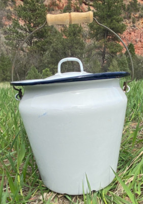 Vintage White Enamel Chamber Pot with Lid & Wood/Metal Handle 10" Tall ...