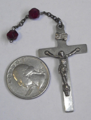 Vtg plain INRI rosary crucifix plain silver tone with 2 glass red beads ...