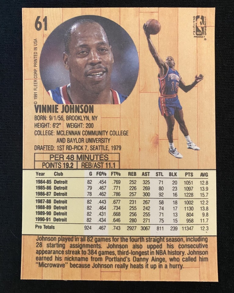 1991 Fleer Vinnie Johnson Detroit Pistons #61 | eBay