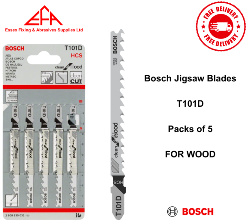BOSCH T101D Jigsaw Blades For Soft Wood Hard Wood Fast Clean HCS - 5 ...