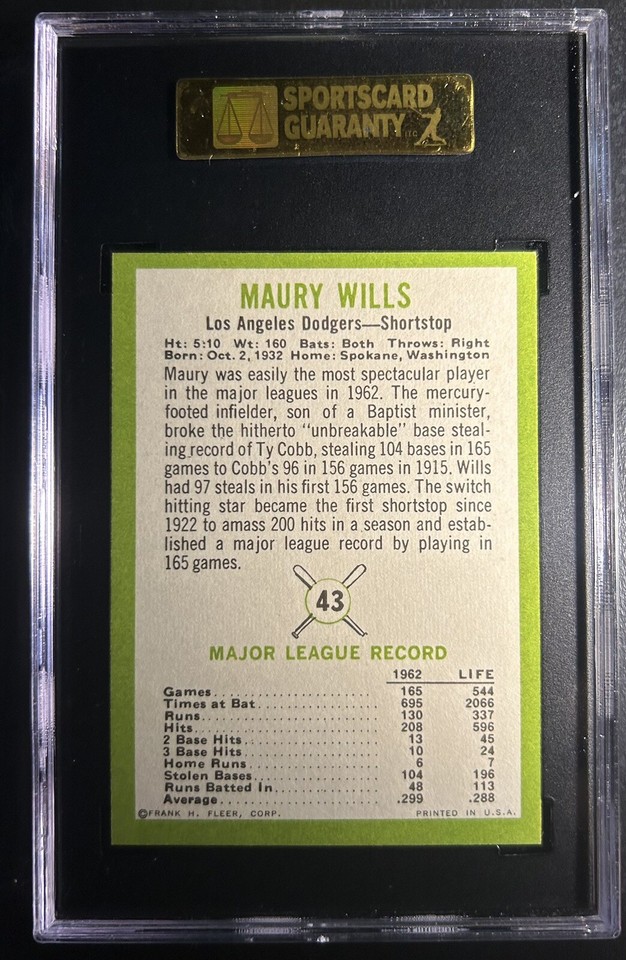 1963 Fleer Maury Wills (RC) #43 SGC 7 NM 84 Rookie Los Angeles Dodgers ...