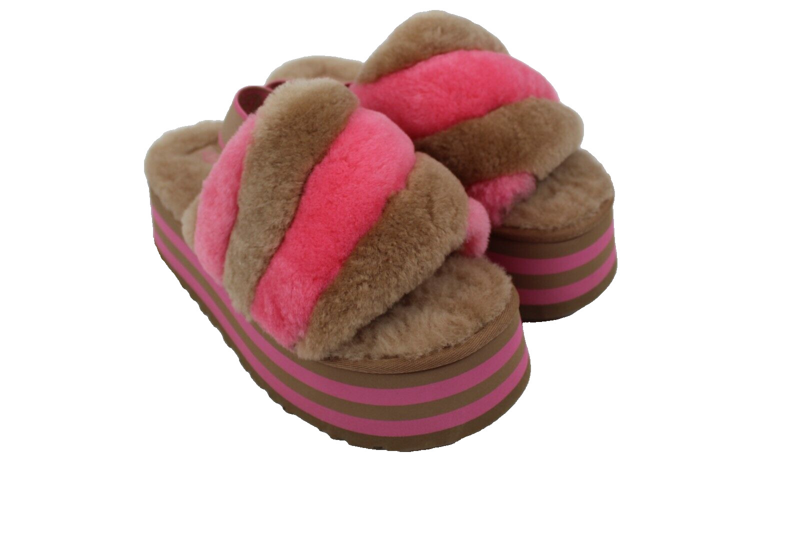 UGG Disco Stripe Slide Platform Fluff Pink Brown Sand… - Gem