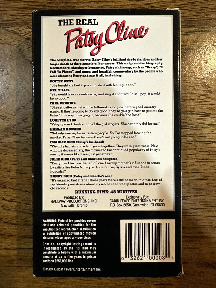 The Real Patsy Cline VHS Country Music Documentary Cabin Fever 1989 ...
