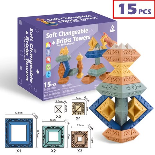 Children Pyramid Building Blocks Montessori Game Rainbow Soft Glue ...