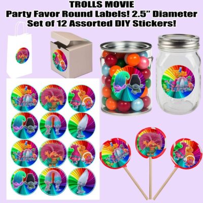 Trolls Movie Stickers 2.5" Round Party Favors Decorations Gift Bags ...