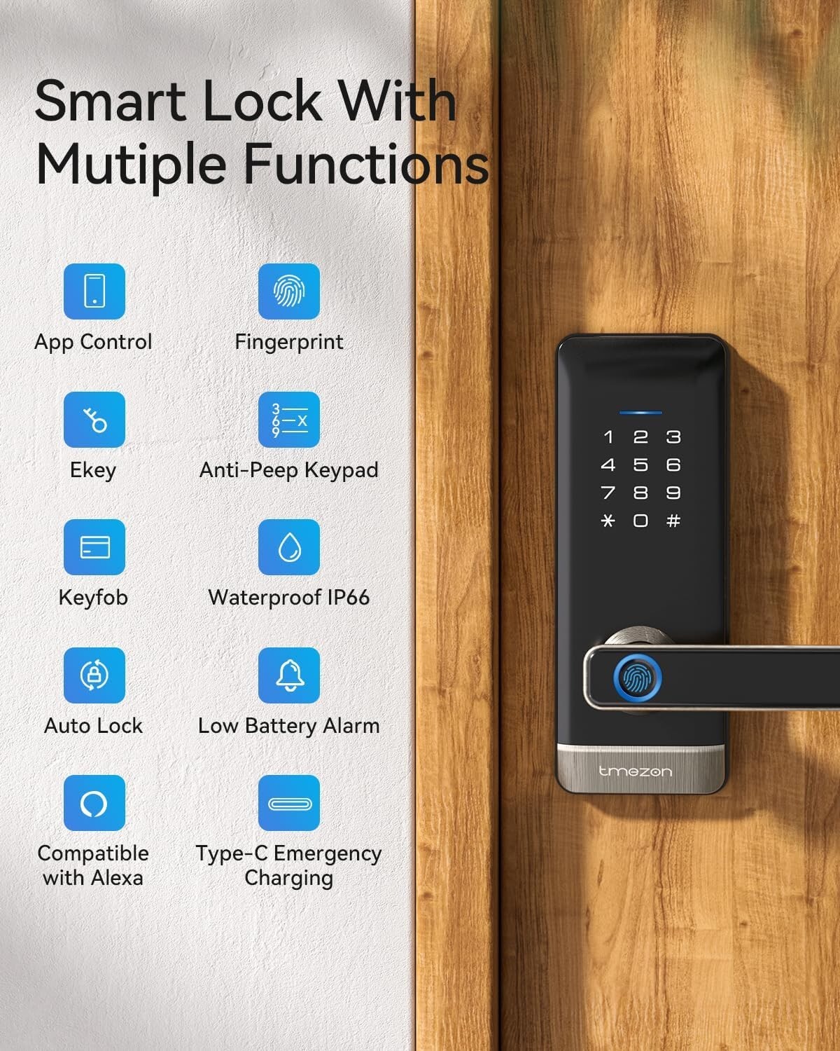 TMEZON Smart Door Lock Wi-Fi Fingerprint Keyless Door Lock with Handle ...