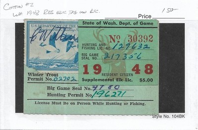 1948 Washington State Elk Hunting Tag on License, Cotton #2 (64885) | eBay