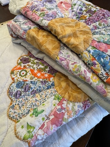 Vintage Handmade Patchwork Quilt Feed Sack Flower Garden Hand Sewn Farmhouse 86" | eBay