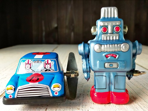 Tin Toy Smoking Robot & Racing Car Wind-Up Spring Action Vintage Rare ...