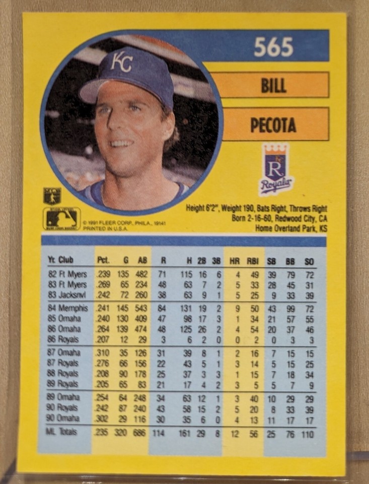1991 Fleer Bill Pecota #565 Royals ICONIC 90's FUNNY BASEBALL CARD ...