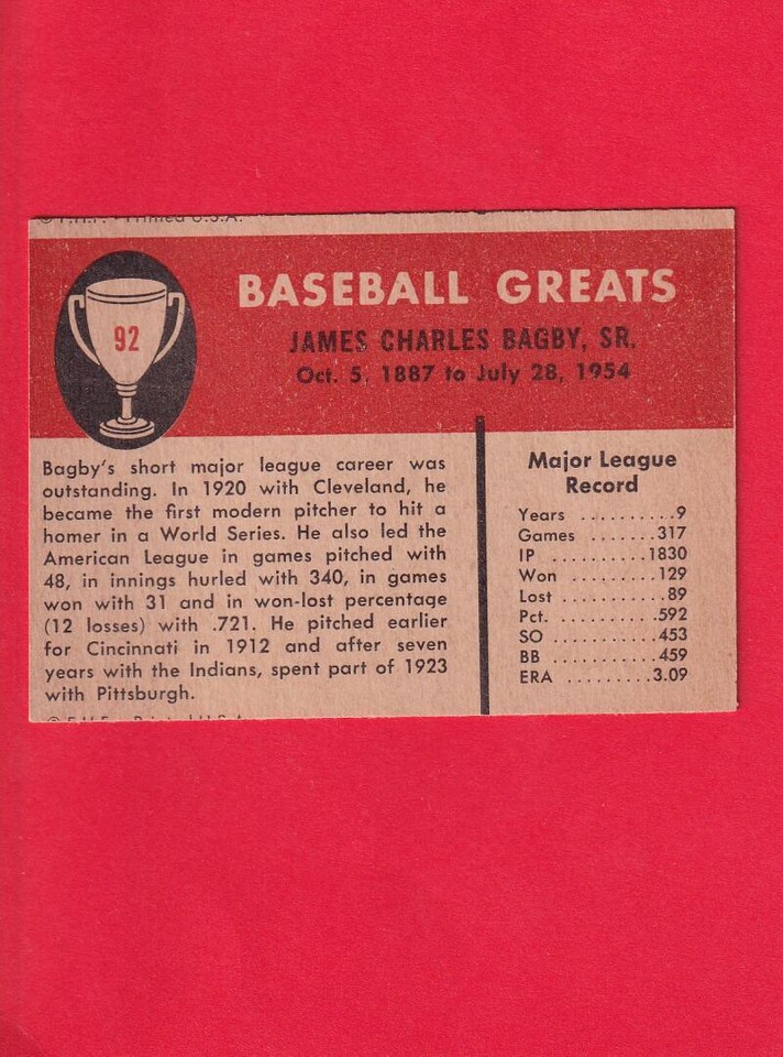 1961 Fleer #92 Jim Bagby EX+ Excellent+ Cleveland Indians #30907 | eBay