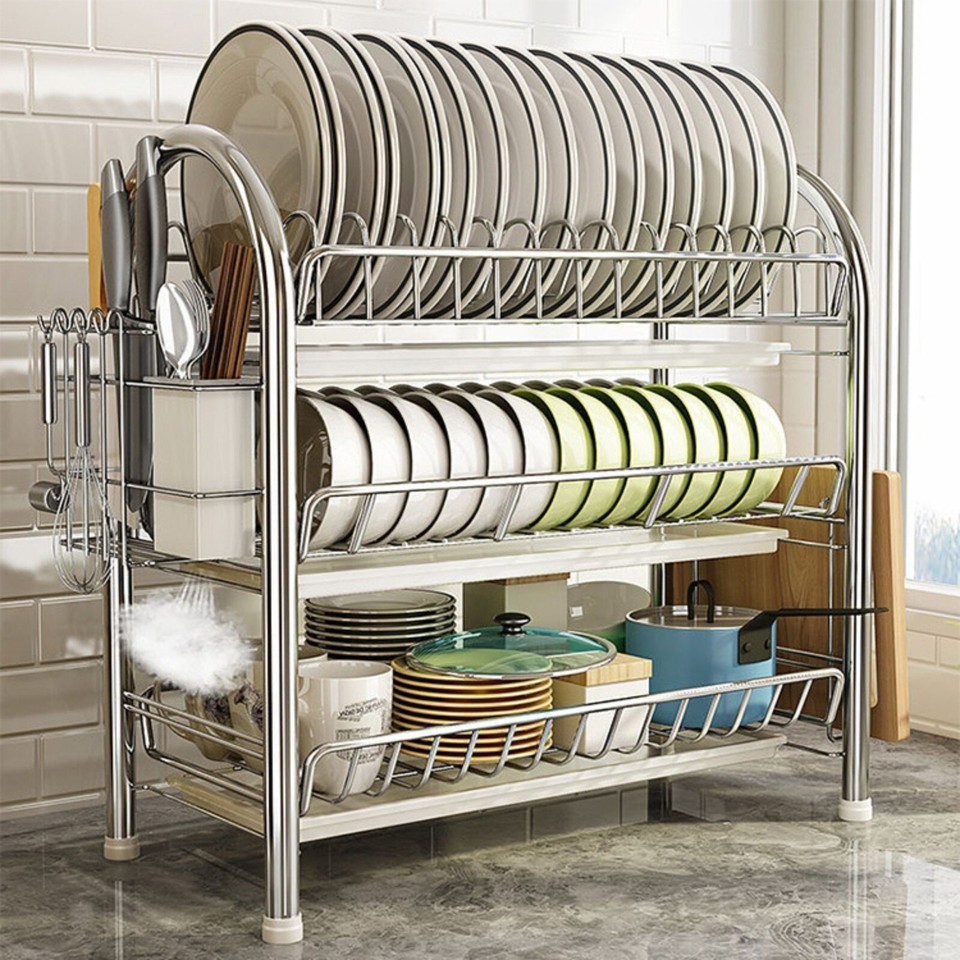 Sink Dish Drying Rack 3-Tier Stainless Kitchen Shelf Cutlery Drainer | eBay