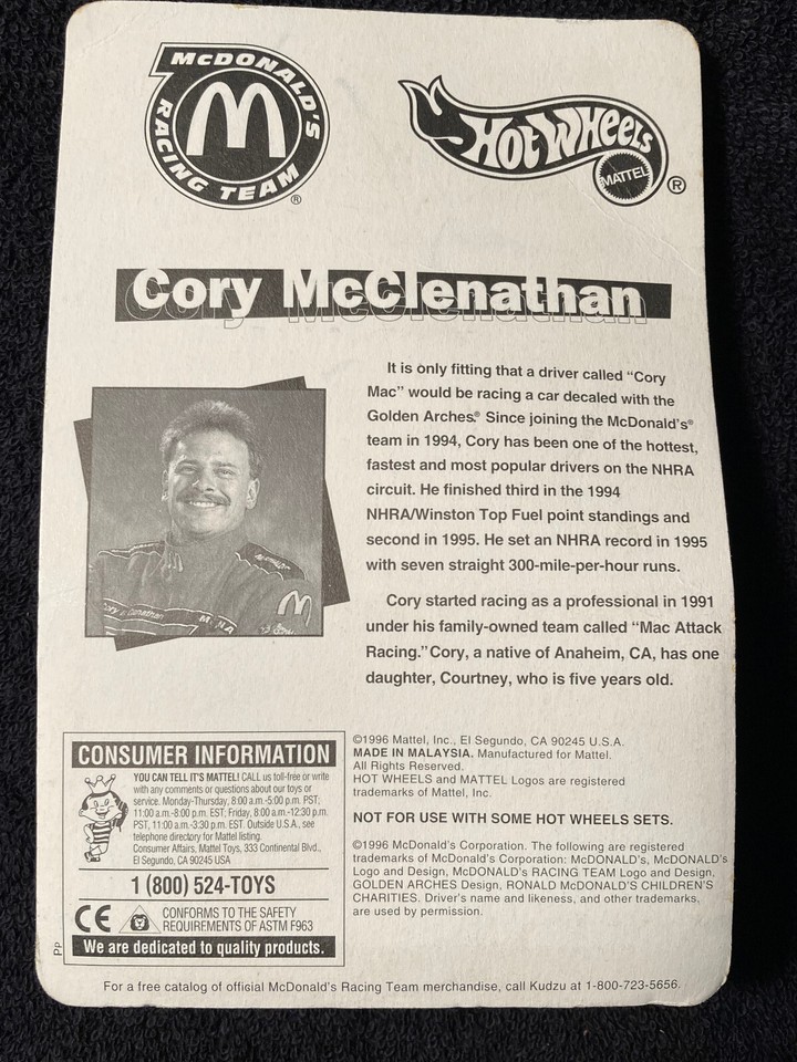 1996 Hot Wheels McDonald's Racing Team Cory Mac Dragster | eBay