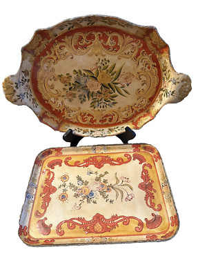 2 Antique Hand Painted Floral Paper Mache Tole Trays Early 20th Century ...