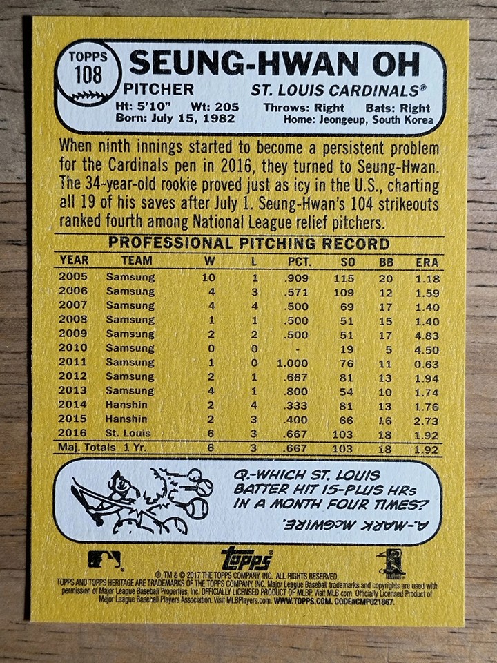 2017 Topps Heritage #108 Seung-Hwan Oh | eBay UK