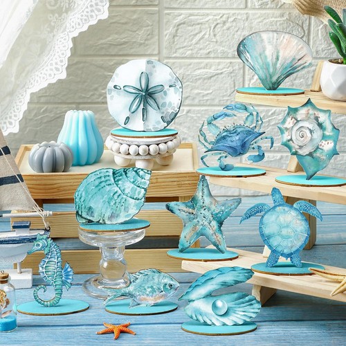 10 Pcs Ocean Wood Table Sign Under the Sea Wooden Tabletop Decor Animal ...