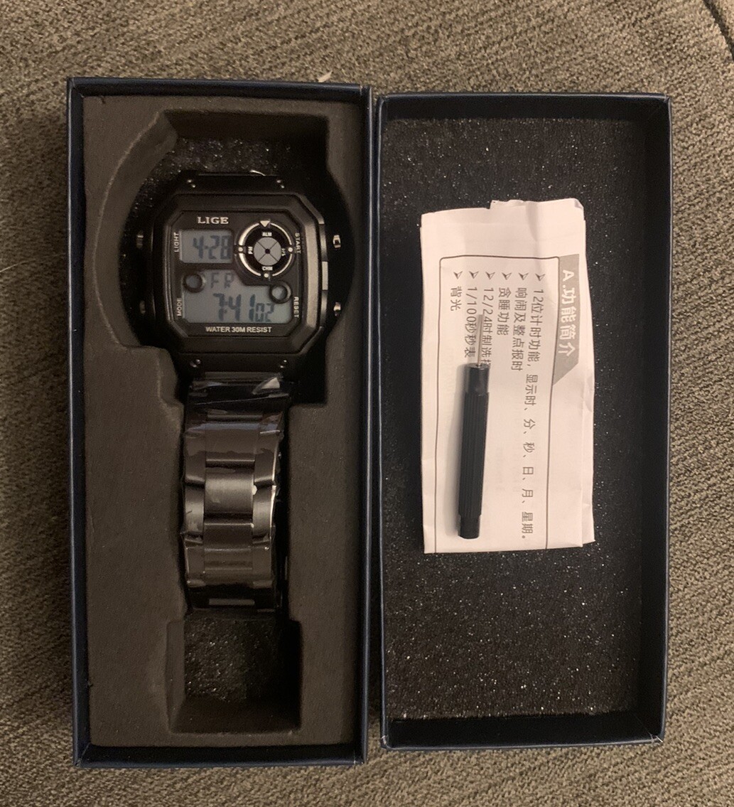 LIGE Brand Mens Digital Watch Casio Homage Stainless Steel Square Dial ...