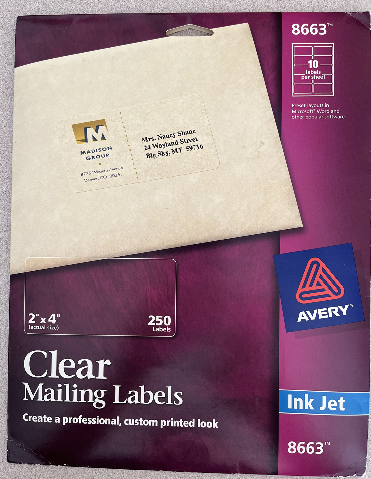 Avery 8663 Clear Mailing Labels Sheet Ink Jet 2" x 4" 250 Labels Open ...