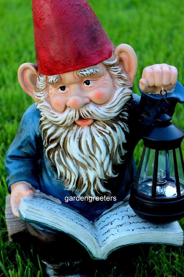 GARDEN STATUE READING GNOME, SOLAR GNOME WITH SOLAR LIGHT , SOLAR GNOME ...