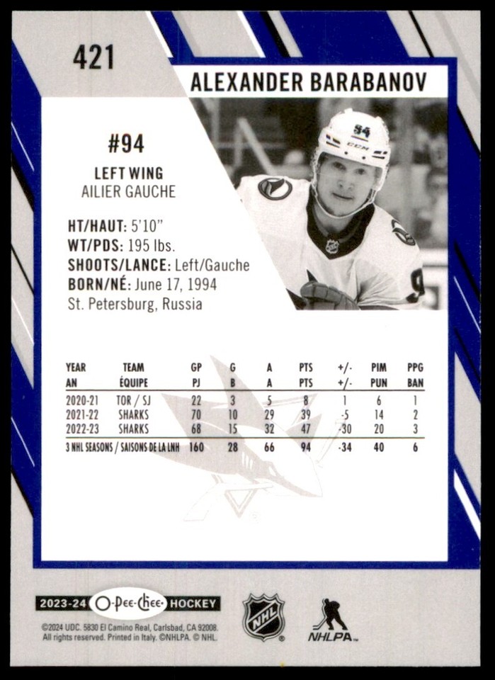 Alexander Barabanov 2023-24 O-Pee-Chee Blue Border #421 San Jose Sharks ...