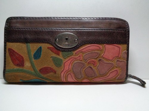 Fossil Key-Per Wallet Floral Print Zip Around Leather Trim Blue Pink ...