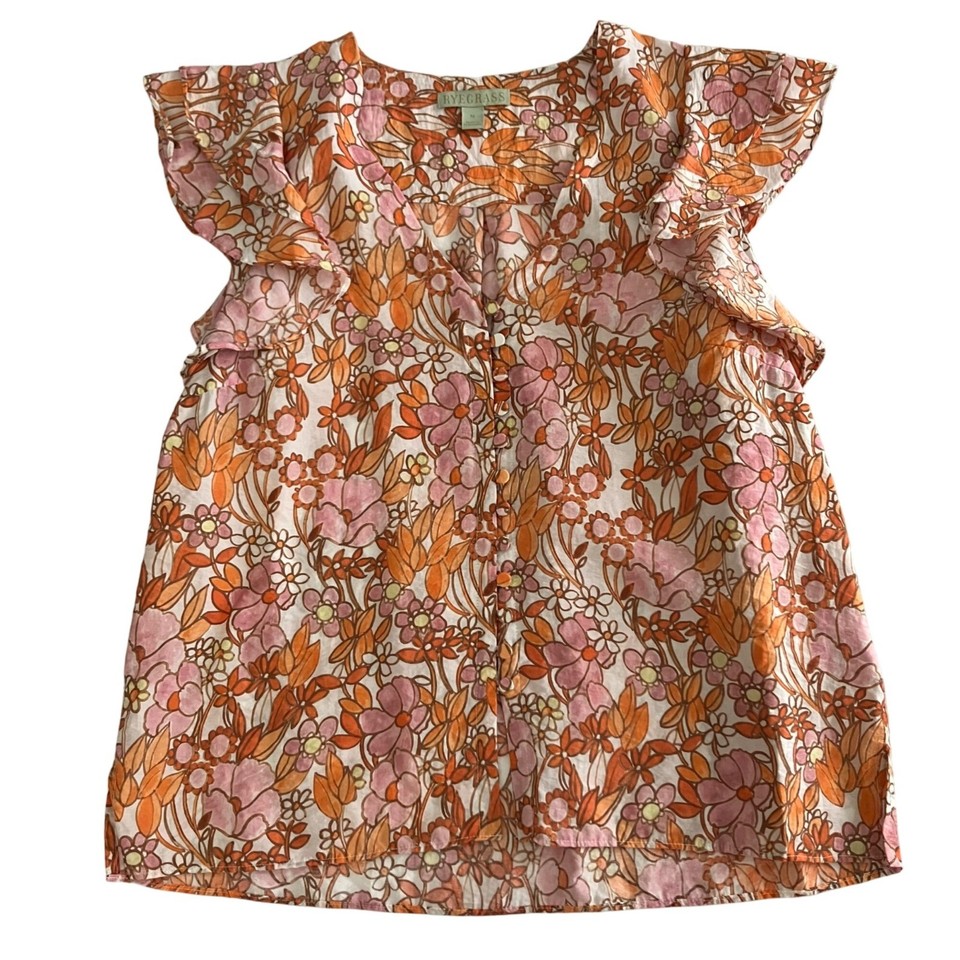 Ryegrass Womens Flutter Ruffle Boho Floral Top Cottage Preppy Retro ...