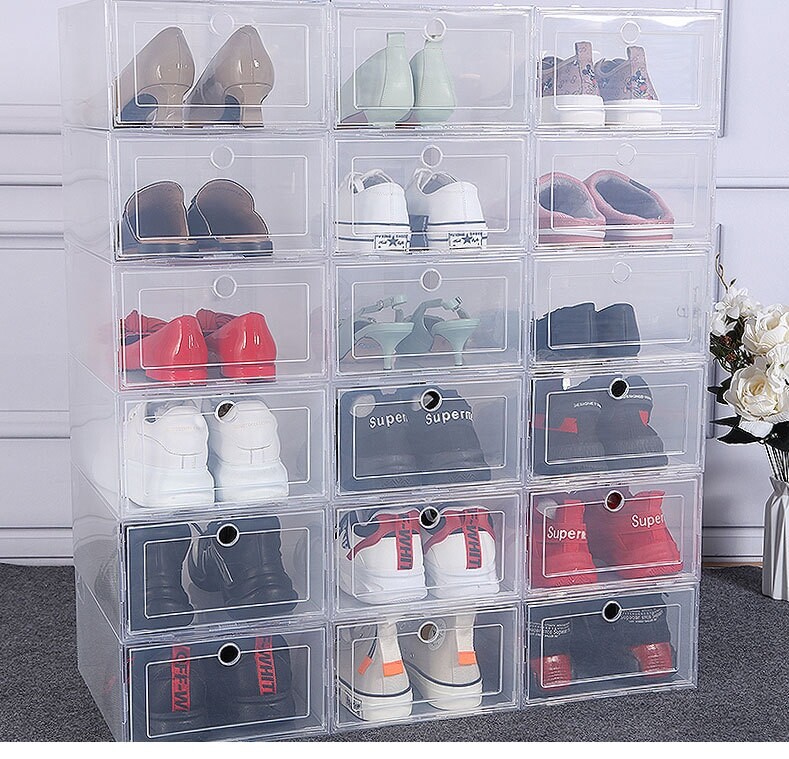 12x Clear Shoe Boxes Stackable Plastic Drawer Storage Case Organiser ...