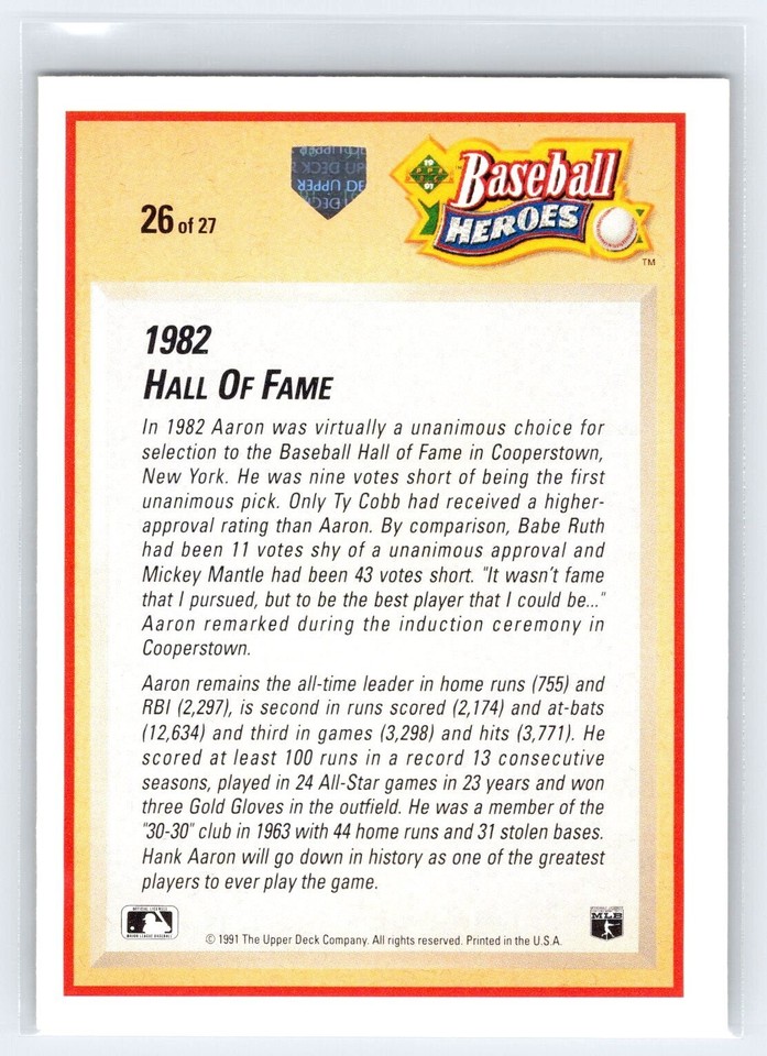 HANK AARON 1991 Upper Deck Baseball Heroes 1982 Hall of Fame Insert ...